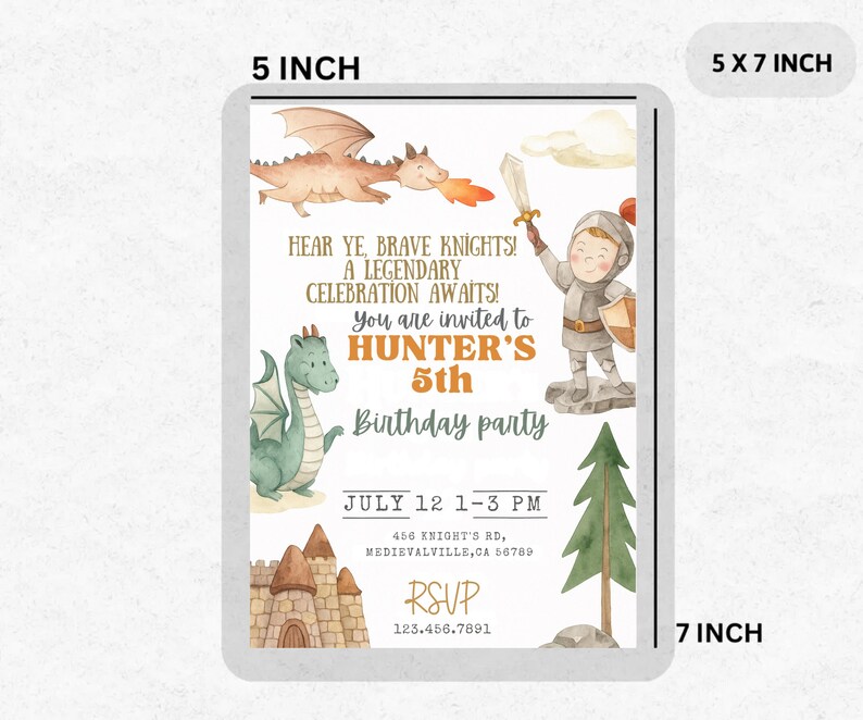 Editable Knights and Dragons Birthday Invitation – Medieval Party ...