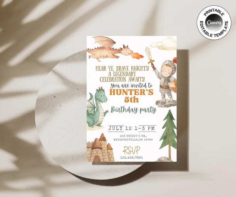 Editable Knights and Dragons Birthday Invitation – Medieval Party ...