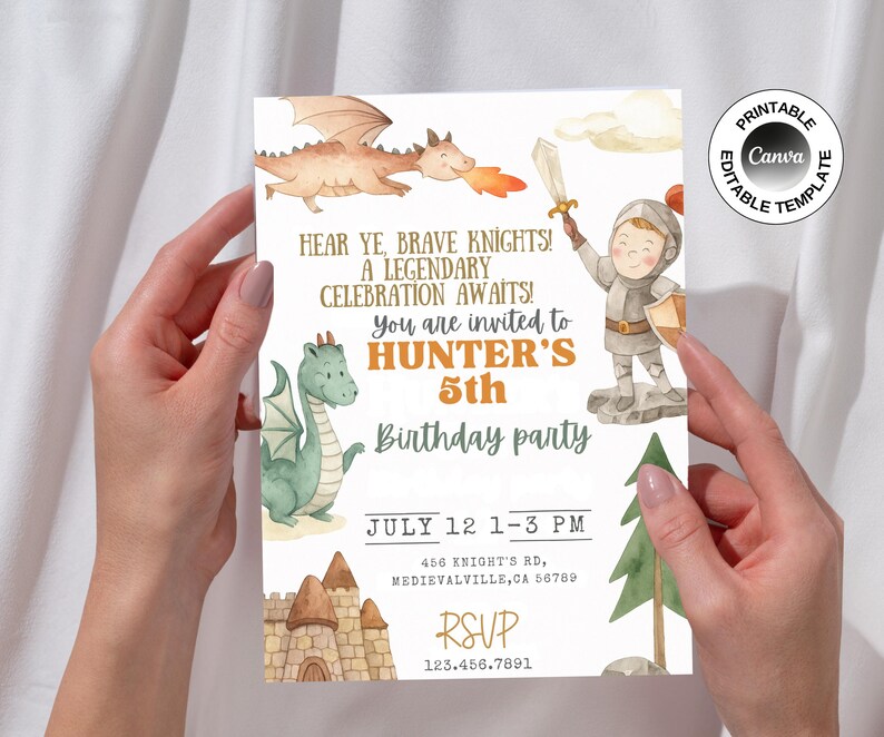 Editable Knights and Dragons Birthday Invitation – Medieval Party ...