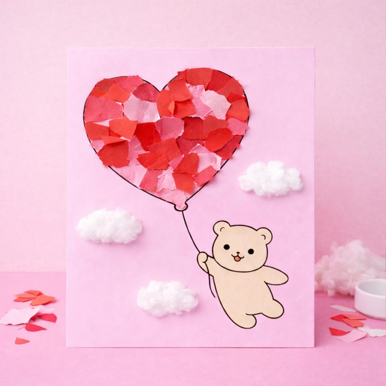 Valentine Bear Craft Printable Heart Balloon Torn Paper & Cotton Ball ...