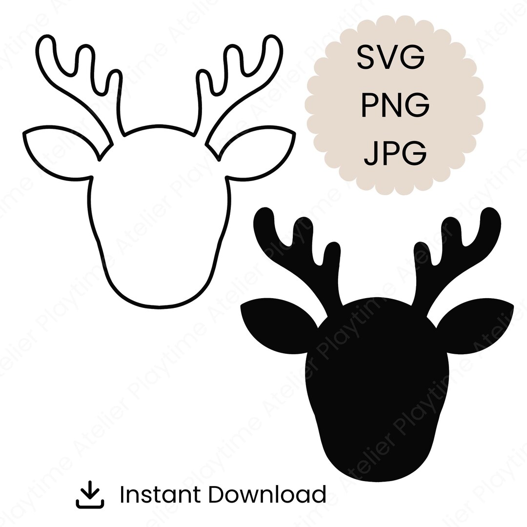 Reindeer Head Outline SVG PNG JPG Christmas Reindeer Line Art Clipart ...