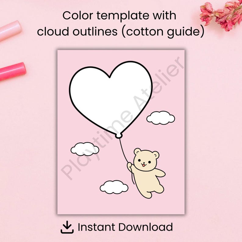 Valentine Bear Craft Printable Heart Balloon Torn Paper & Cotton Ball ...