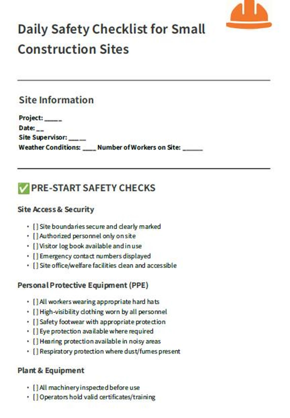 Daily Safety Checklist for Construction Sites | Printable Health Safety ...