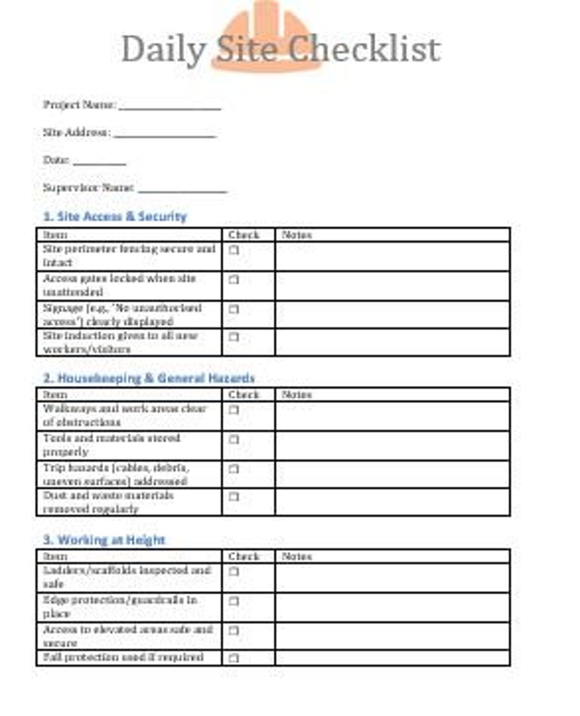 Daily Safety Checklist for Construction Sites | Printable Health Safety ...