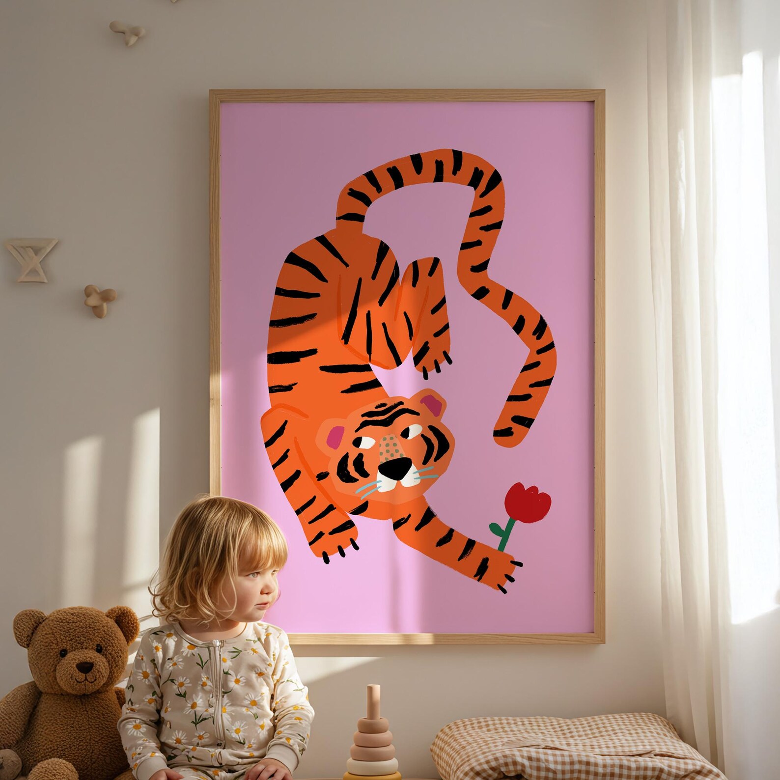 Tiger with Flower Wall Art Print: Bright Jungle Nursery Decor - Etsy 日本