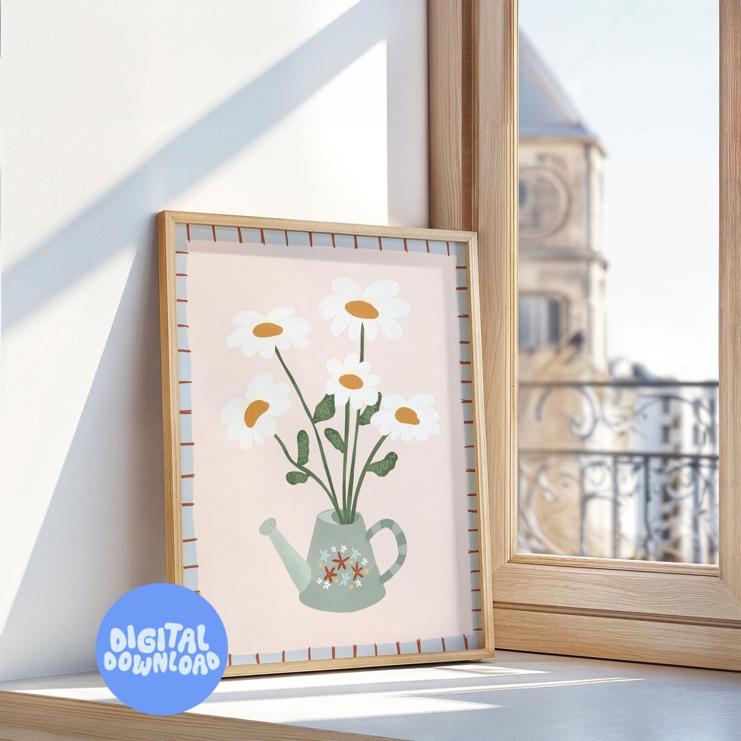 Daisy Watering Can Nursery Print: Cottagecore Floral Wall Art (digital ...