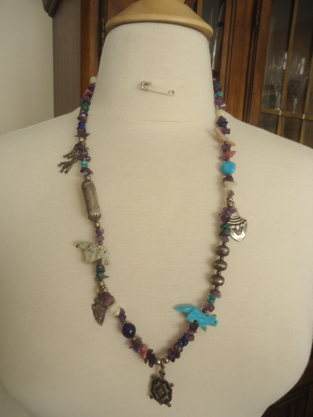 Vintage Native American Treasure Necklace, Multi Gemstones W/ Sterling ...