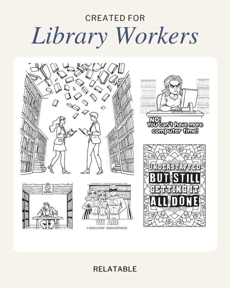 Funny Librarian Coloring Pages Printable | Library Worker Gift, Stress ...
