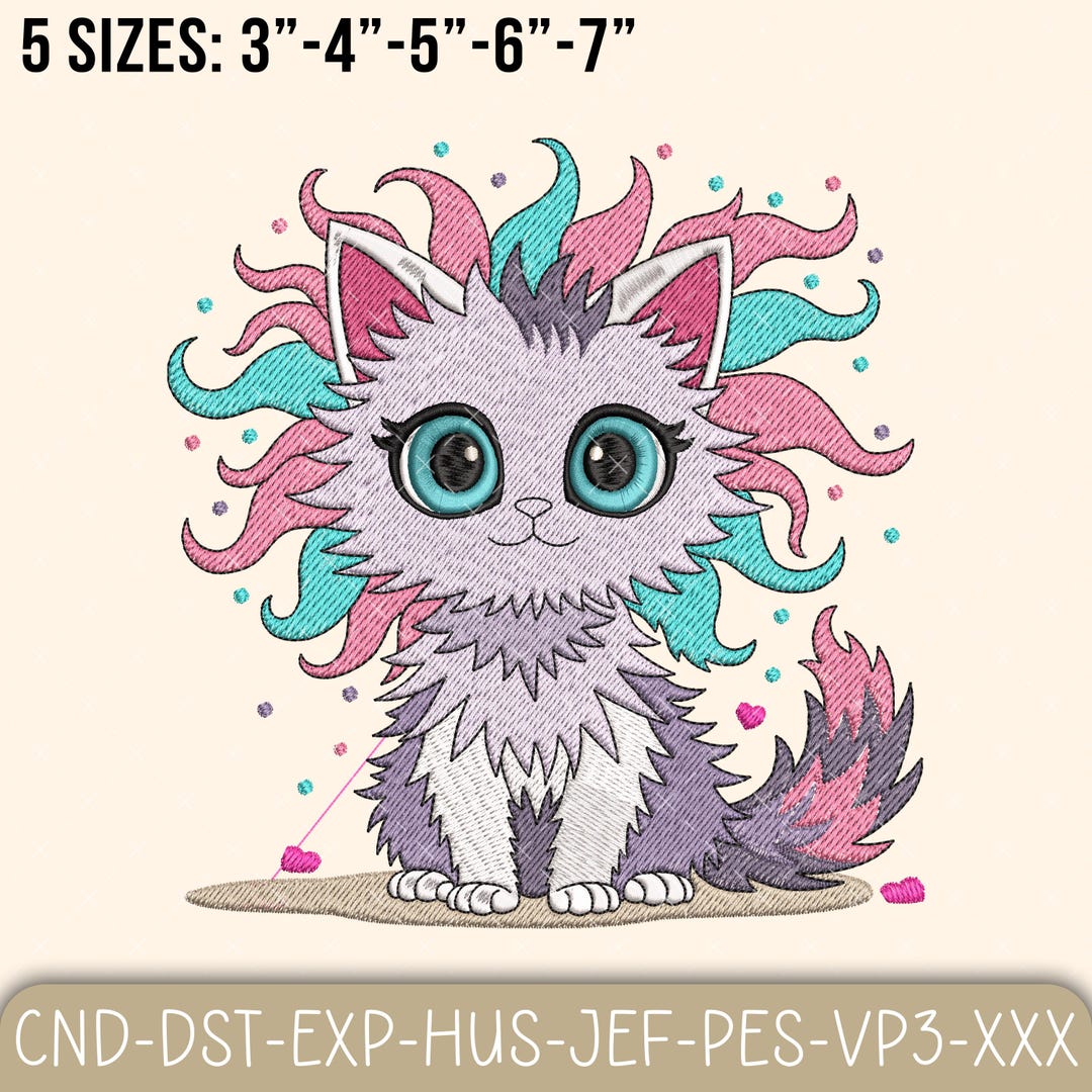 Cute Colorful Fluffy Cat Embroidery Design, Funny Crazy Cat Embroidery ...