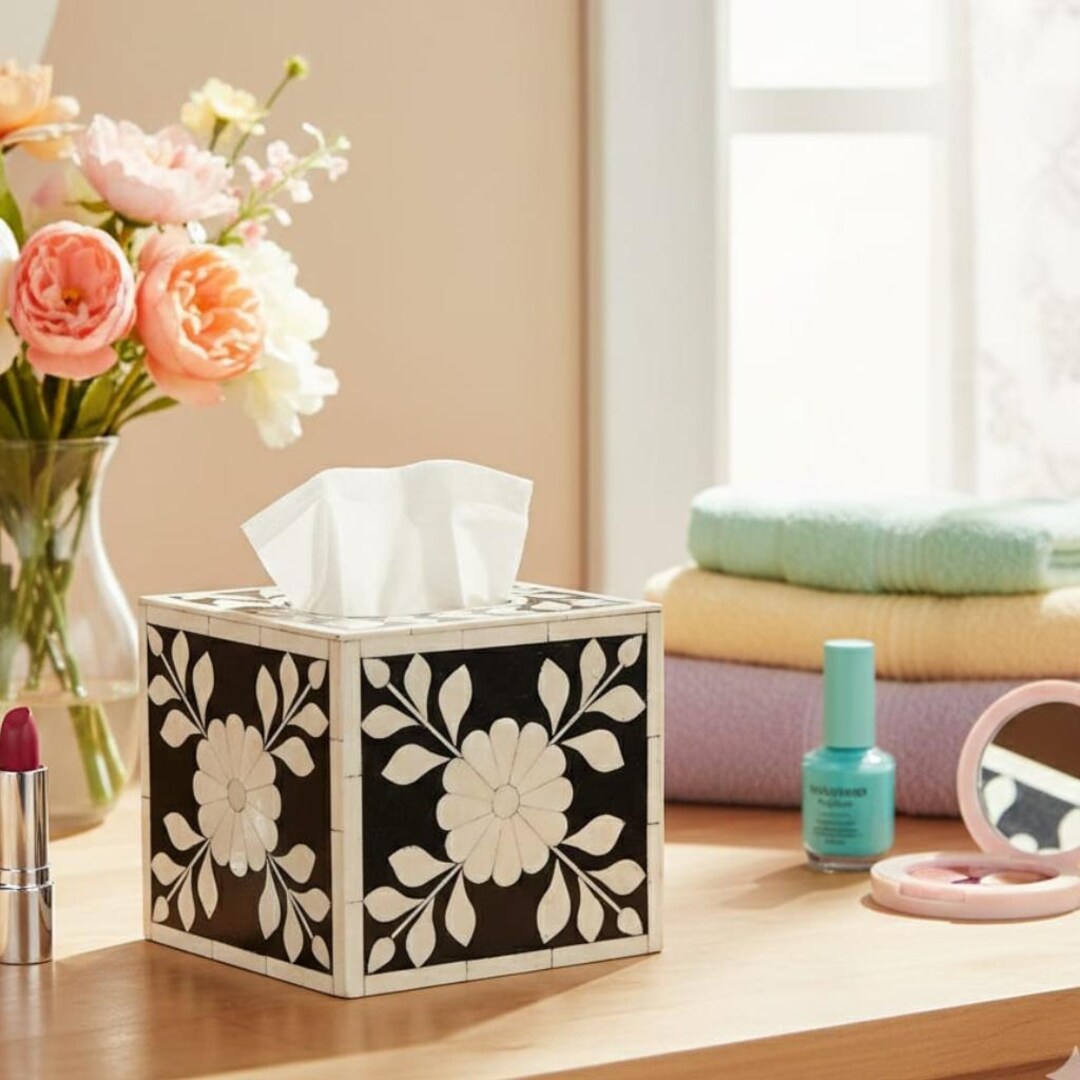 Black & White Bone Inlay Tissue Box Cover | Handmade Decorative Tissue ...