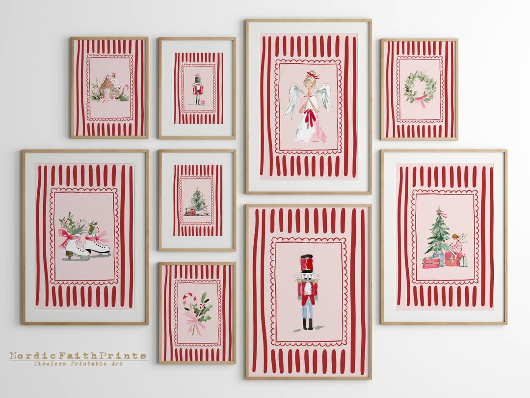 Vintage Christmas Prints Set | Red & Pink Holiday Wall Art (digital ...