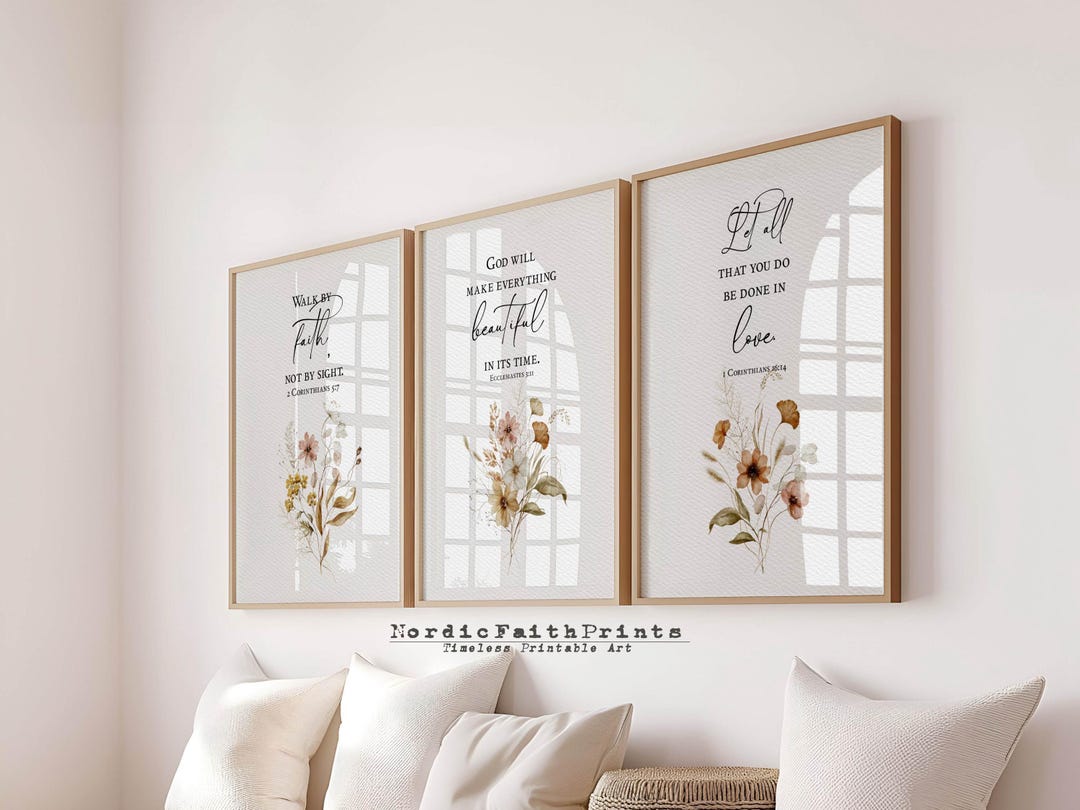 Bible Verse Watercolor Print Set: Neutral Floral Christian Decor ...