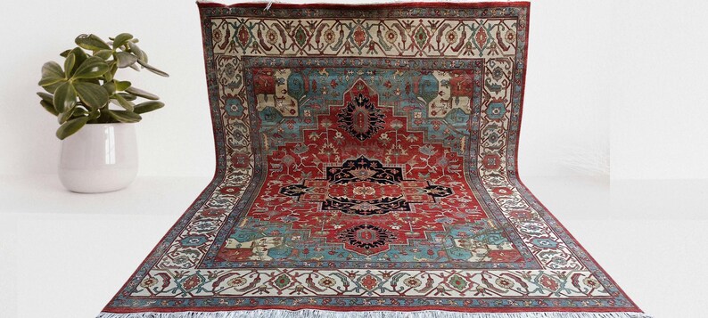 Antique Serapi Rug 9x12-red Persian Area Rug-wool Traditional Heriz ...