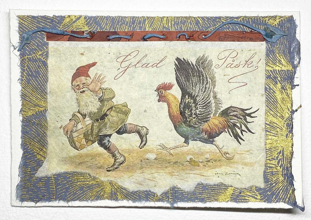 Jenny Nystrom Easter Card Elf and Rooster-glad Pask Card-handmade ...