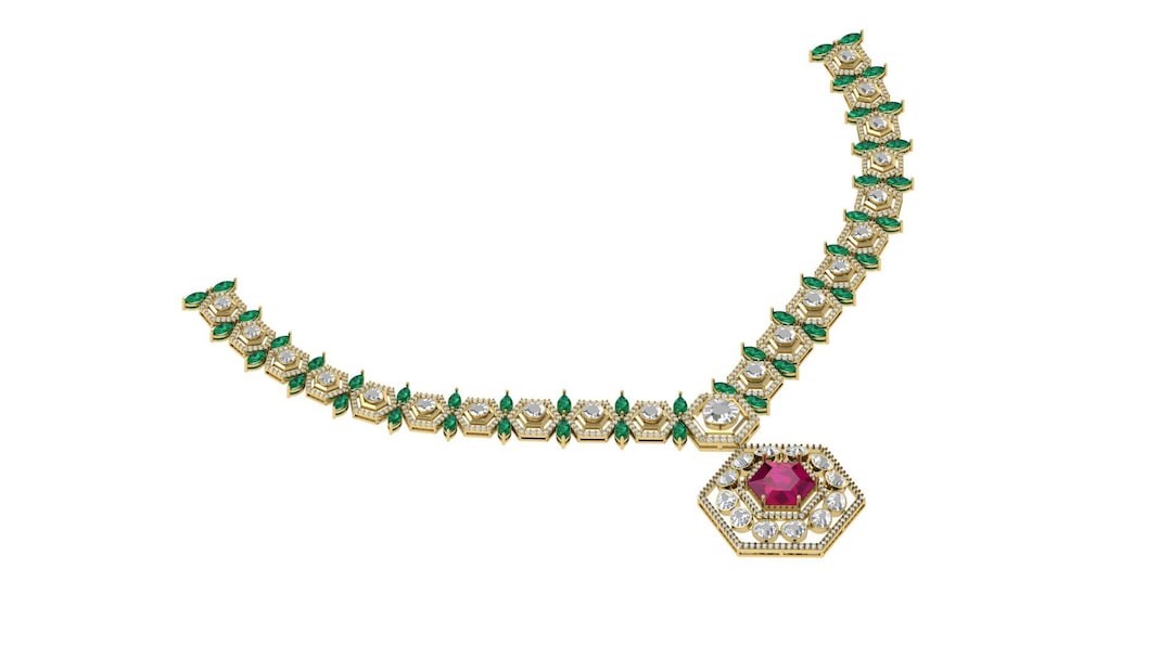 Luxury Hexagon Motif Necklace CAD Design | Emerald Accent Chain With ...