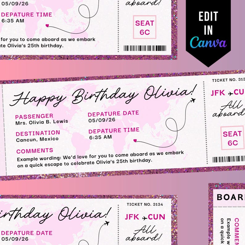 Birthday Trip Boarding Pass Invitation - Editable Travel Ticket (canva ...