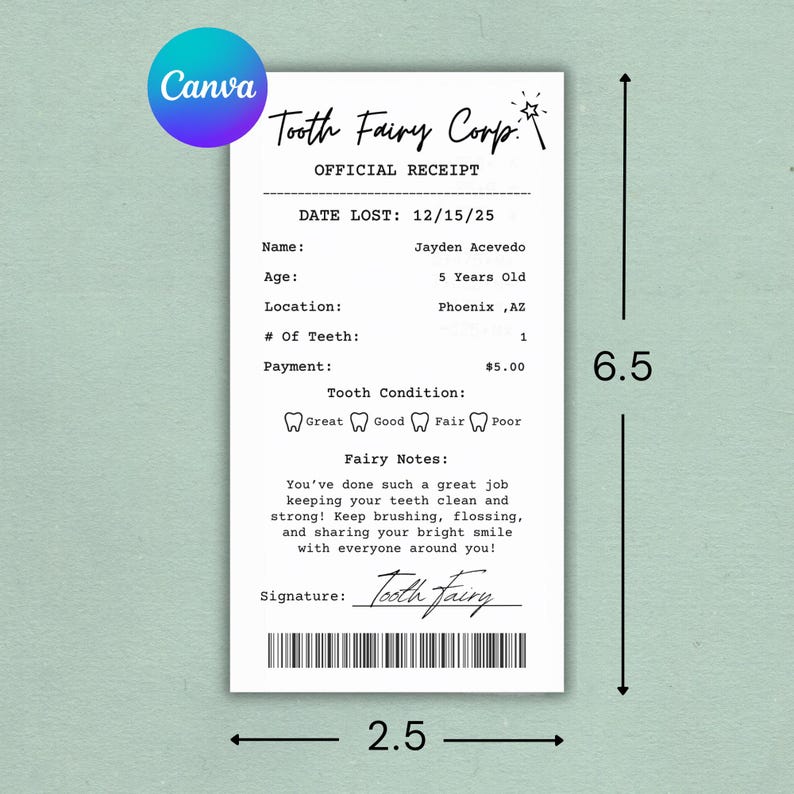 Editable Tooth Fairy Receipt Template | Keepsake Gift (digital Download ...