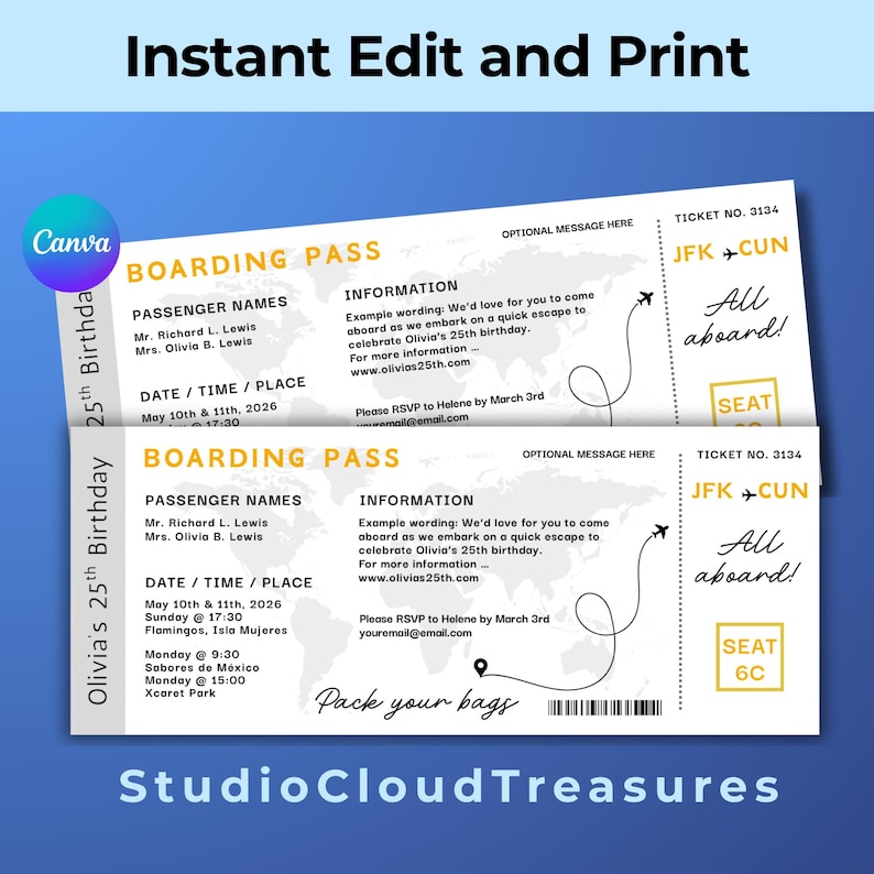 Editable Boarding Pass Invitation • Travel Birthday Invite 25th ...