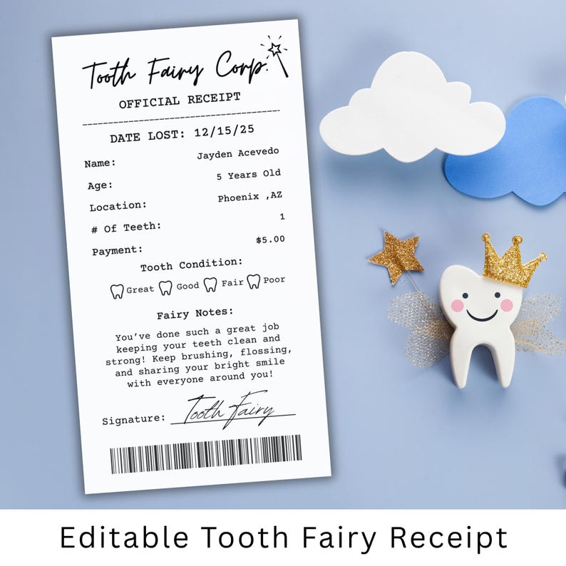 Editable Tooth Fairy Receipt Template | Keepsake Gift (digital Download ...