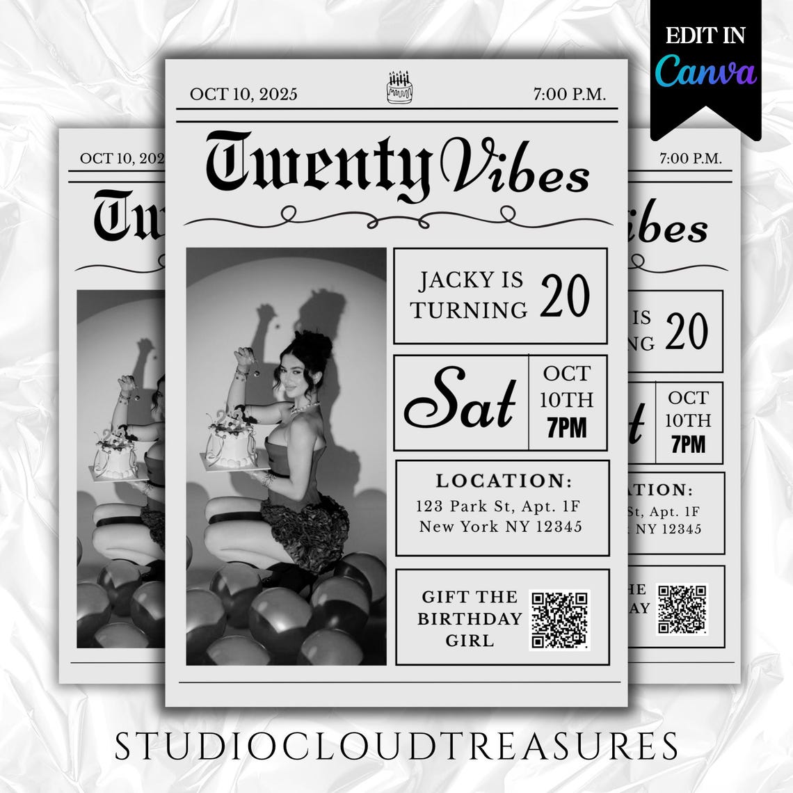 Vintage Newspaper Birthday Invitation – Editable Canva Template, 20th ...
