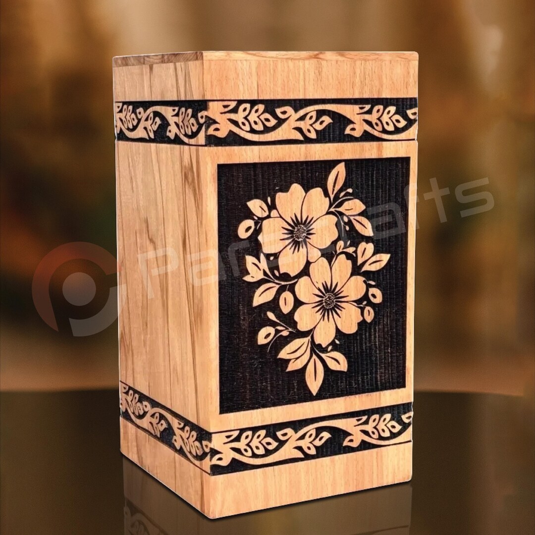 Handmade Beech Wood Urn Box | CNC Floral Engraved Memorial - Etsy