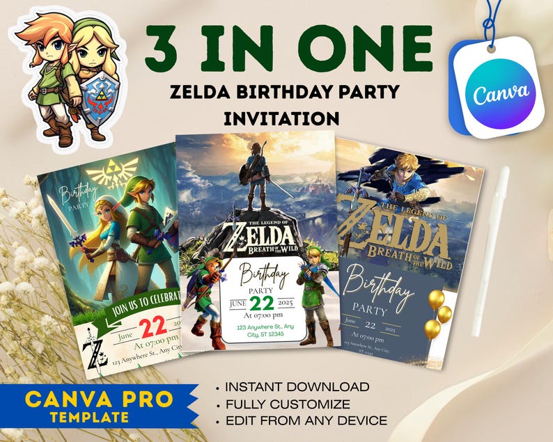 Legend of Zelda Birthday Invitation: Editable Gamer Party Invite ...
