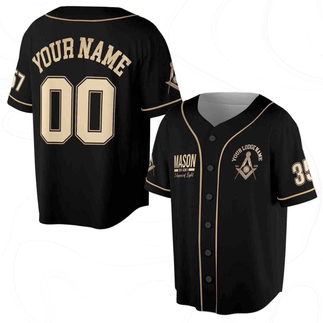 Custom Masonic Baseball Jersey Black Gold Button Up, Personalized Lodge ...
