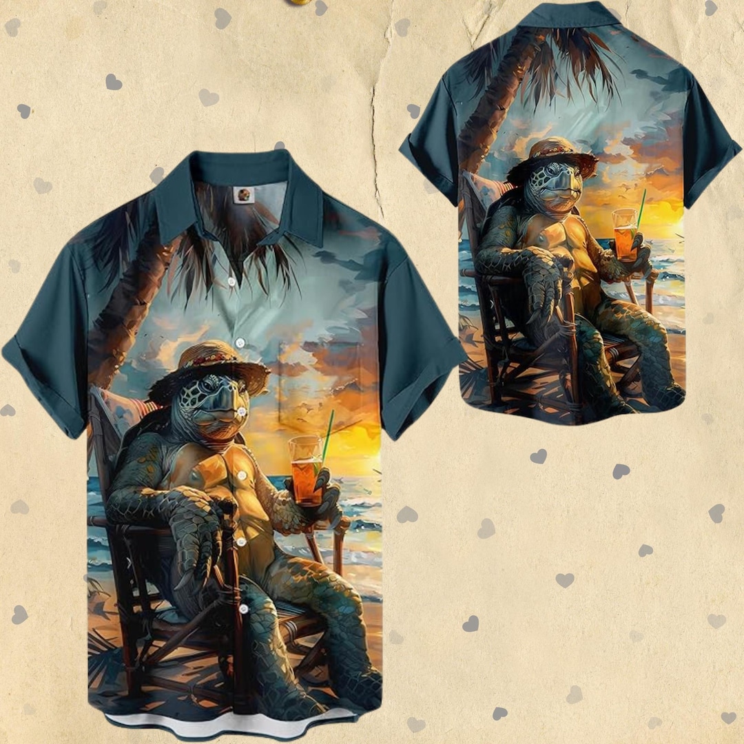 Hawaiian Shirt Cool Turtle With Tropical Drink - Sunset Beach Aloha ...
