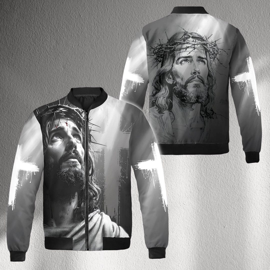 Jesus Christ Bomber Jacket With Crown of Thorns Artwork, Black Gray ...