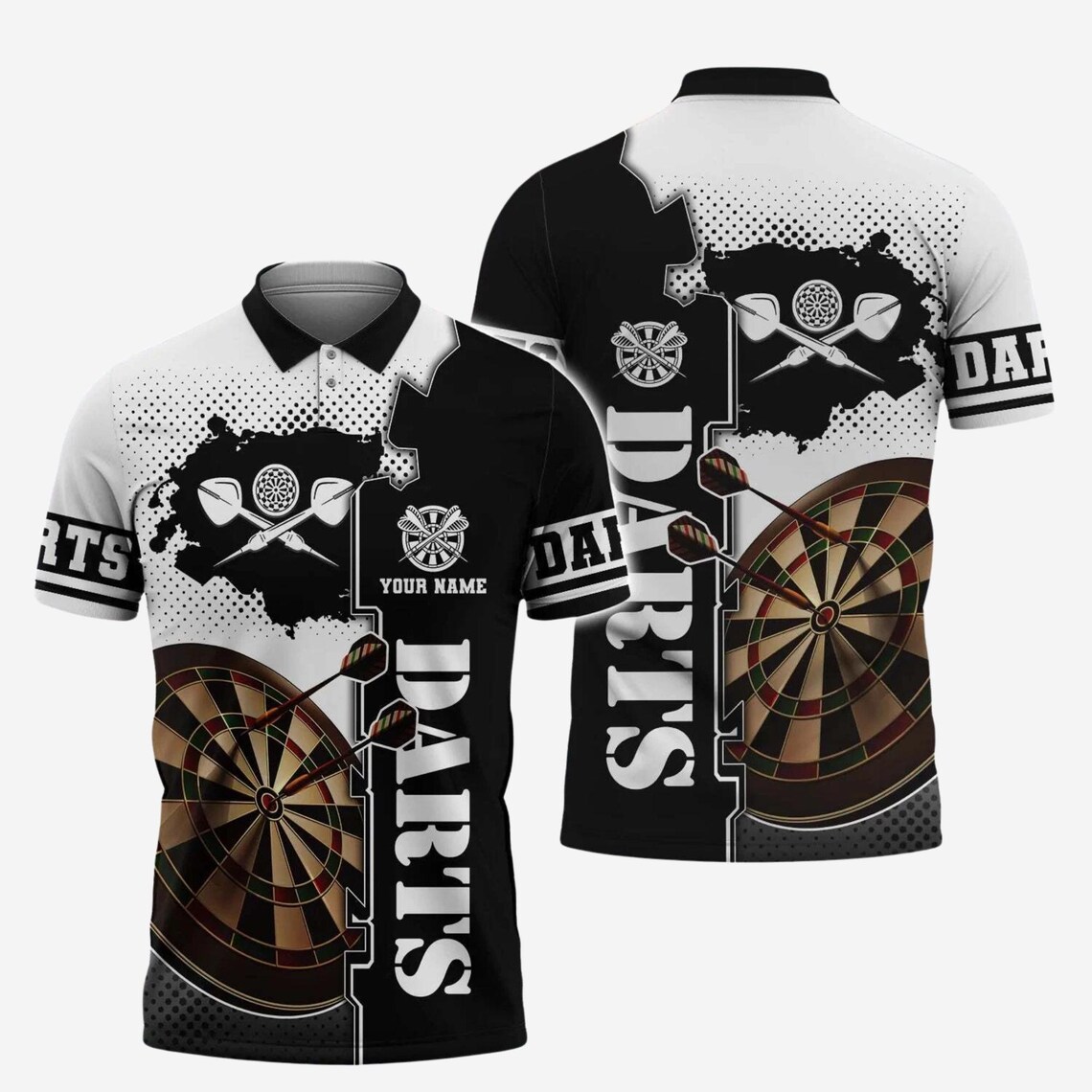 Personalized Darts Polo Shirt With Custom Name, Black White Dartboard ...