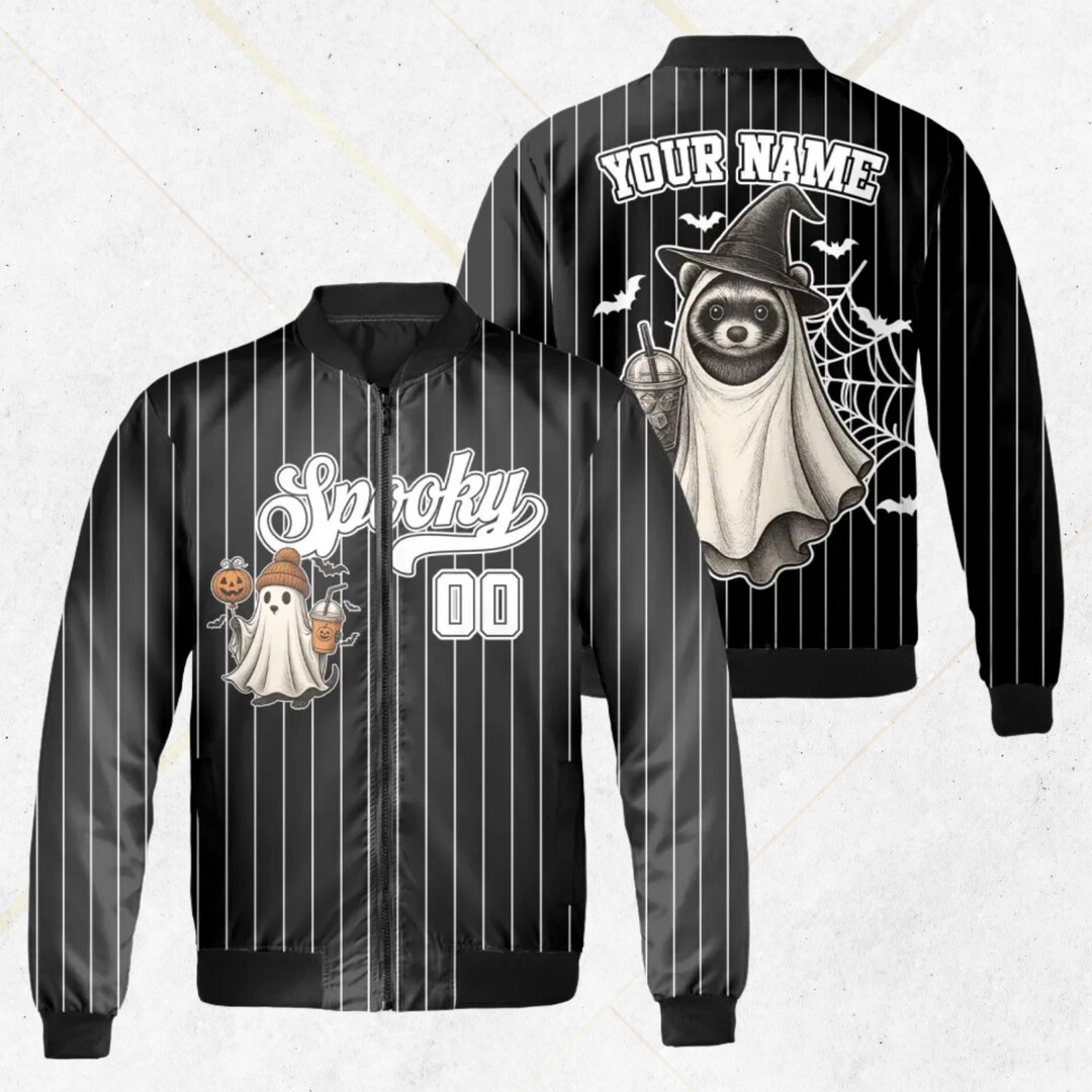 Spooky Pinstripe Halloween Bomber Jacket – Cute Ghost With Pumpkin ...