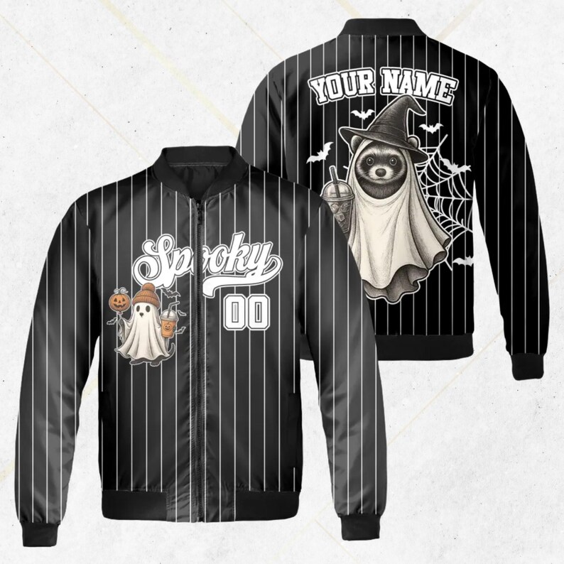 Spooky Pinstripe Halloween Bomber Jacket – Cute Ghost With Pumpkin ...
