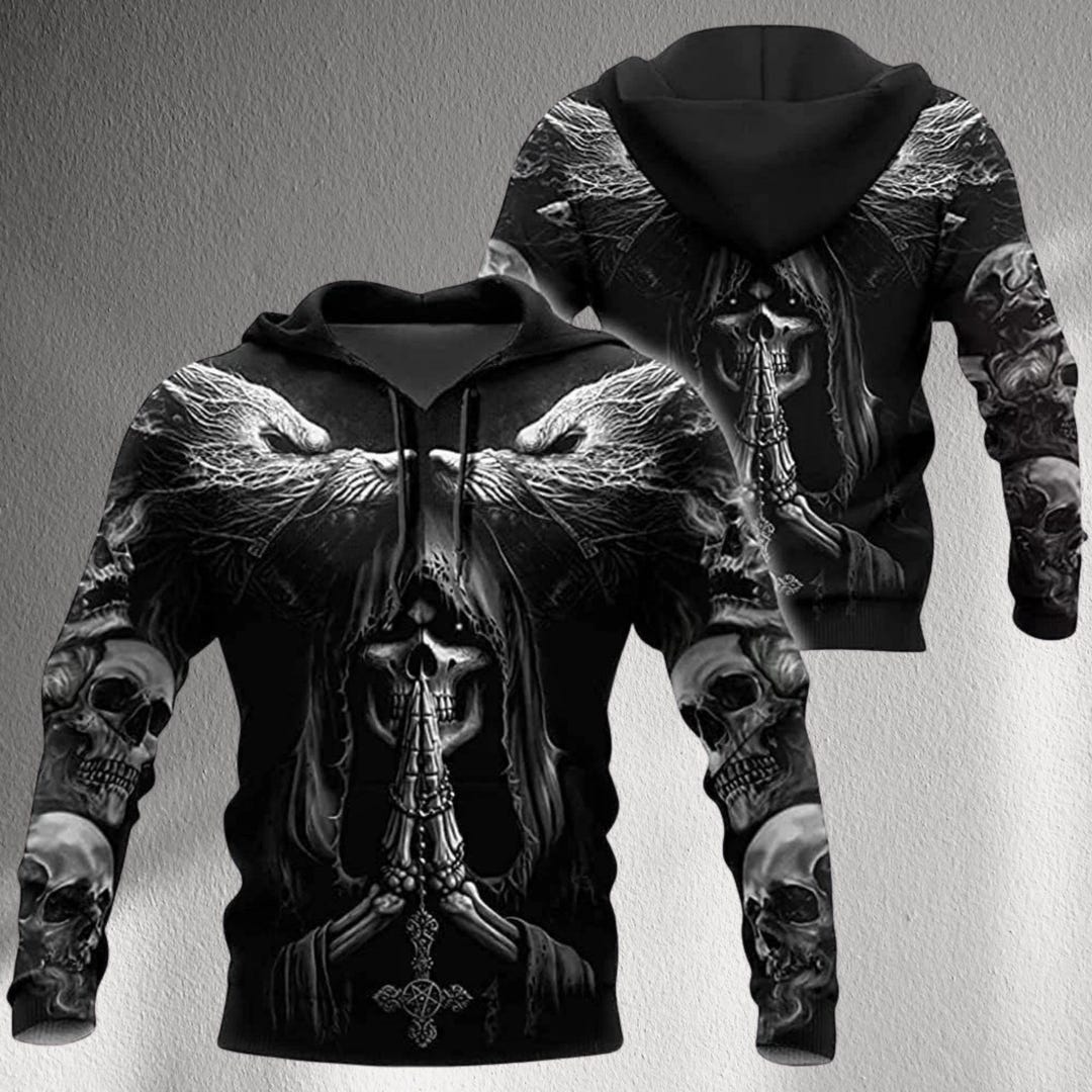 Grim Reaper Prayer Skull Hoodie, Gothic Black Cross Graphic, Dark Angel ...