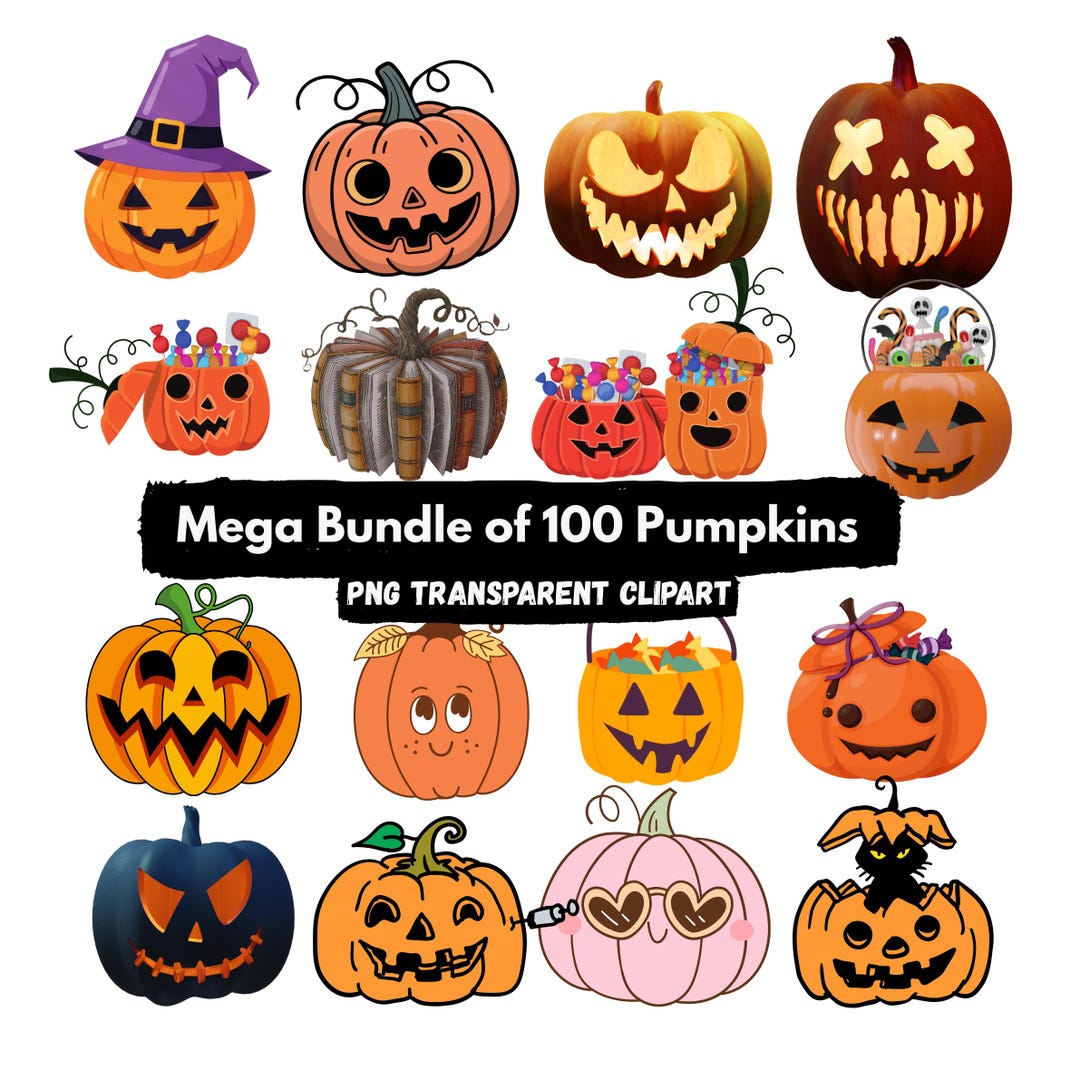 100 Halloween Pumpkin Clipart PNG Bundle, Watercolor, Fall & Autumn ...