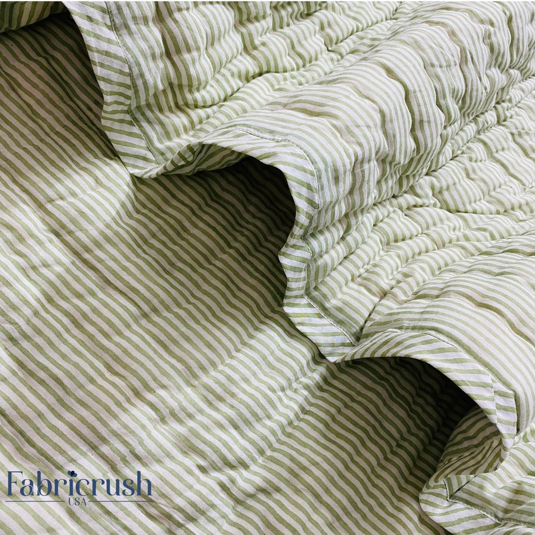 Green Stripe Cotton Quilt – Handmade Block Print Bedding, Boho ...
