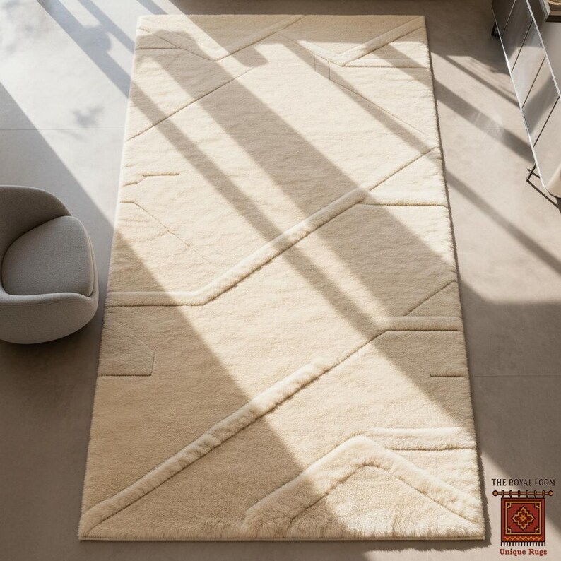 Luxury Hand Tufted Wool Rug in Cream Modern Geometric Hi-low Texture ...