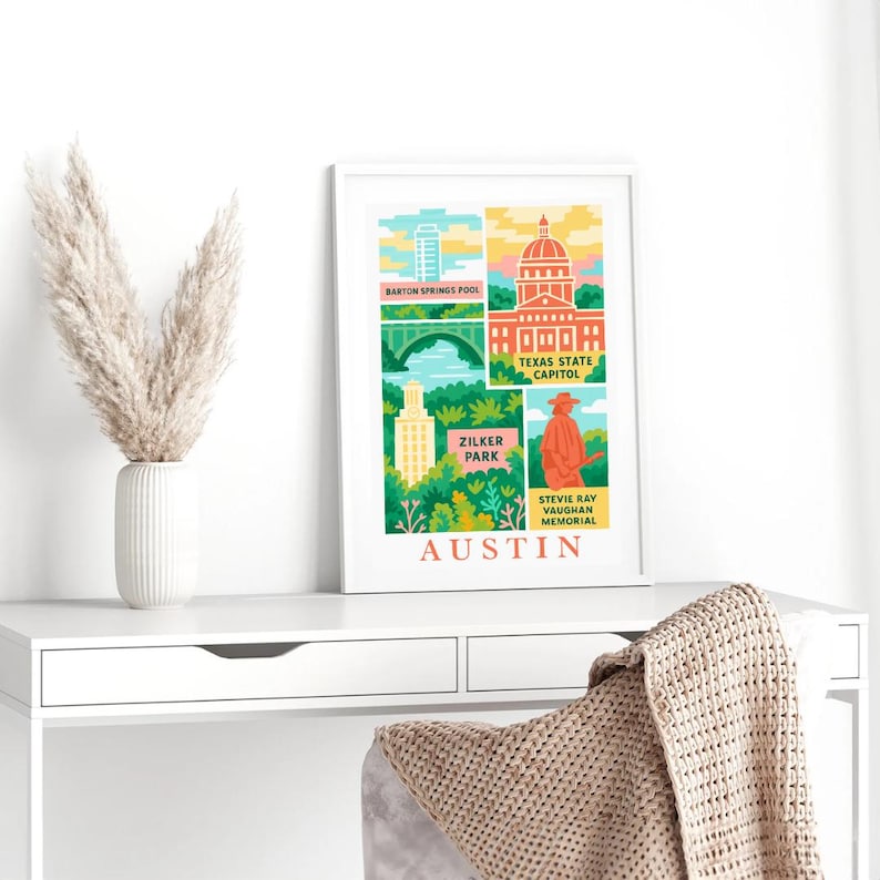Austin Texas Landmarks Print: Colorful Cartoon Travel Poster (digital ...