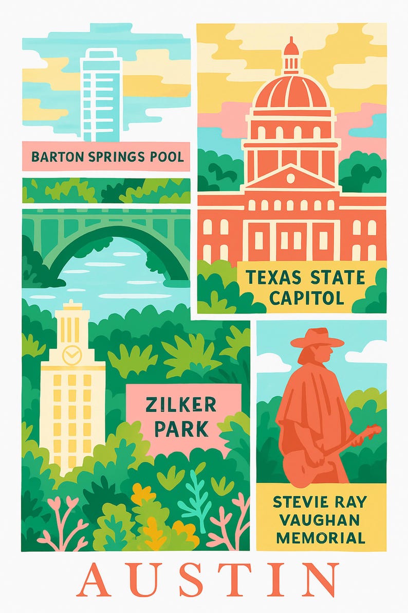 Austin Texas Landmarks Print: Colorful Cartoon Travel Poster (digital ...