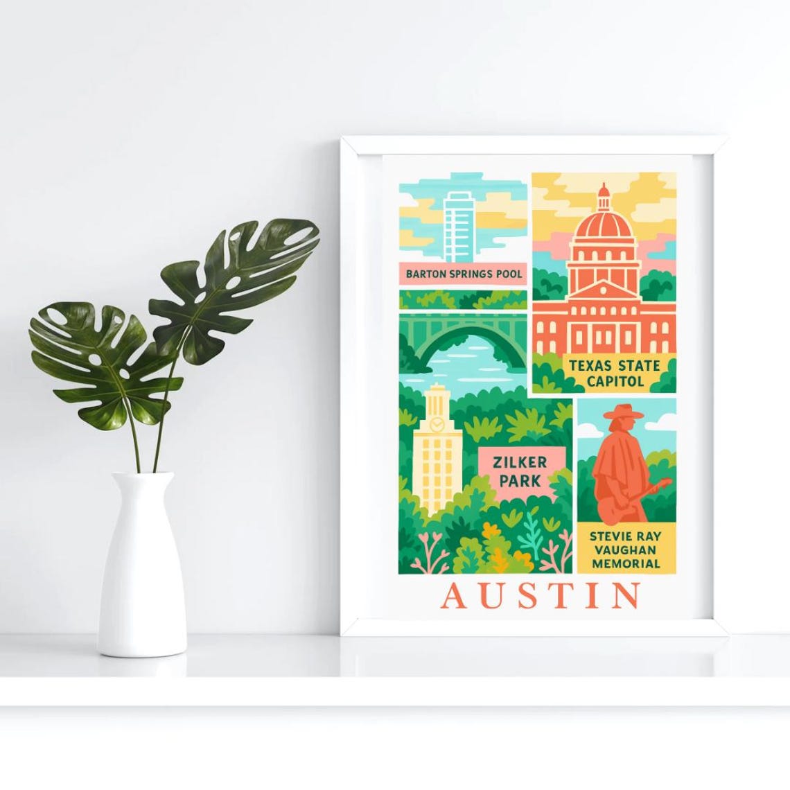 Austin Texas Landmarks Print: Colorful Cartoon Travel Poster (digital ...