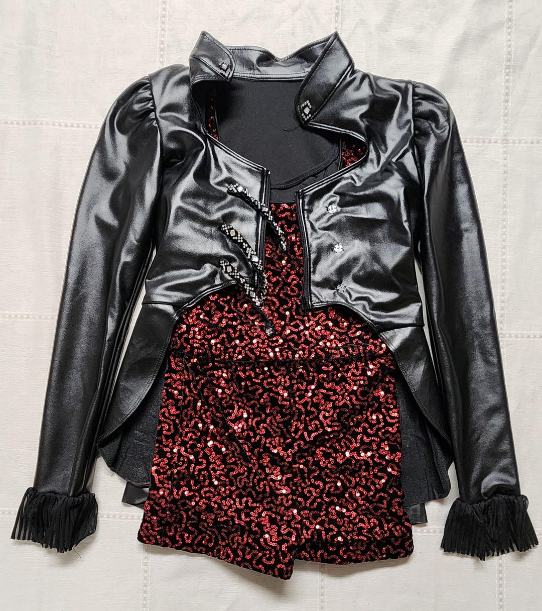 Tenth House Black Faux Leather Jacket and Red Sequin Unitard Dance ...