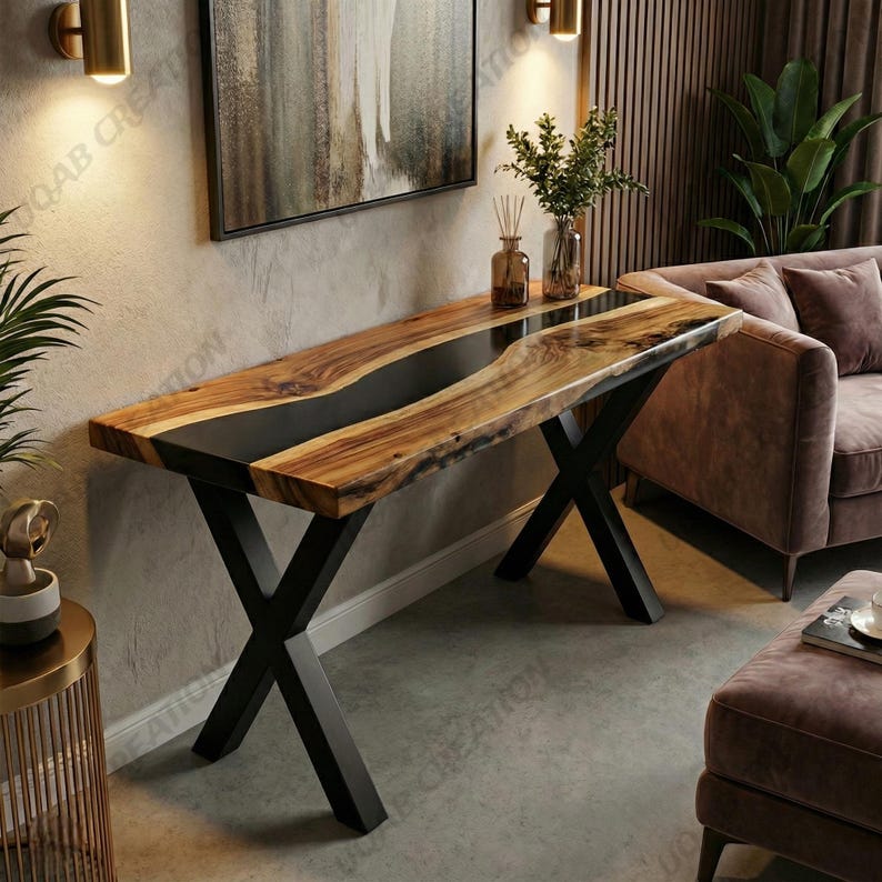Black Epoxy Resin Console Table | Natural Wood Handmade Furniture - Etsy