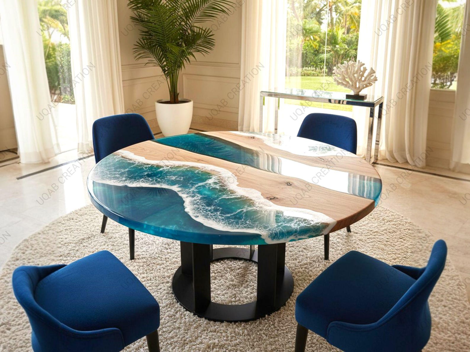 Handmade Blue Ocean Waves Round Dining Table – Unique Resin & Wood ...