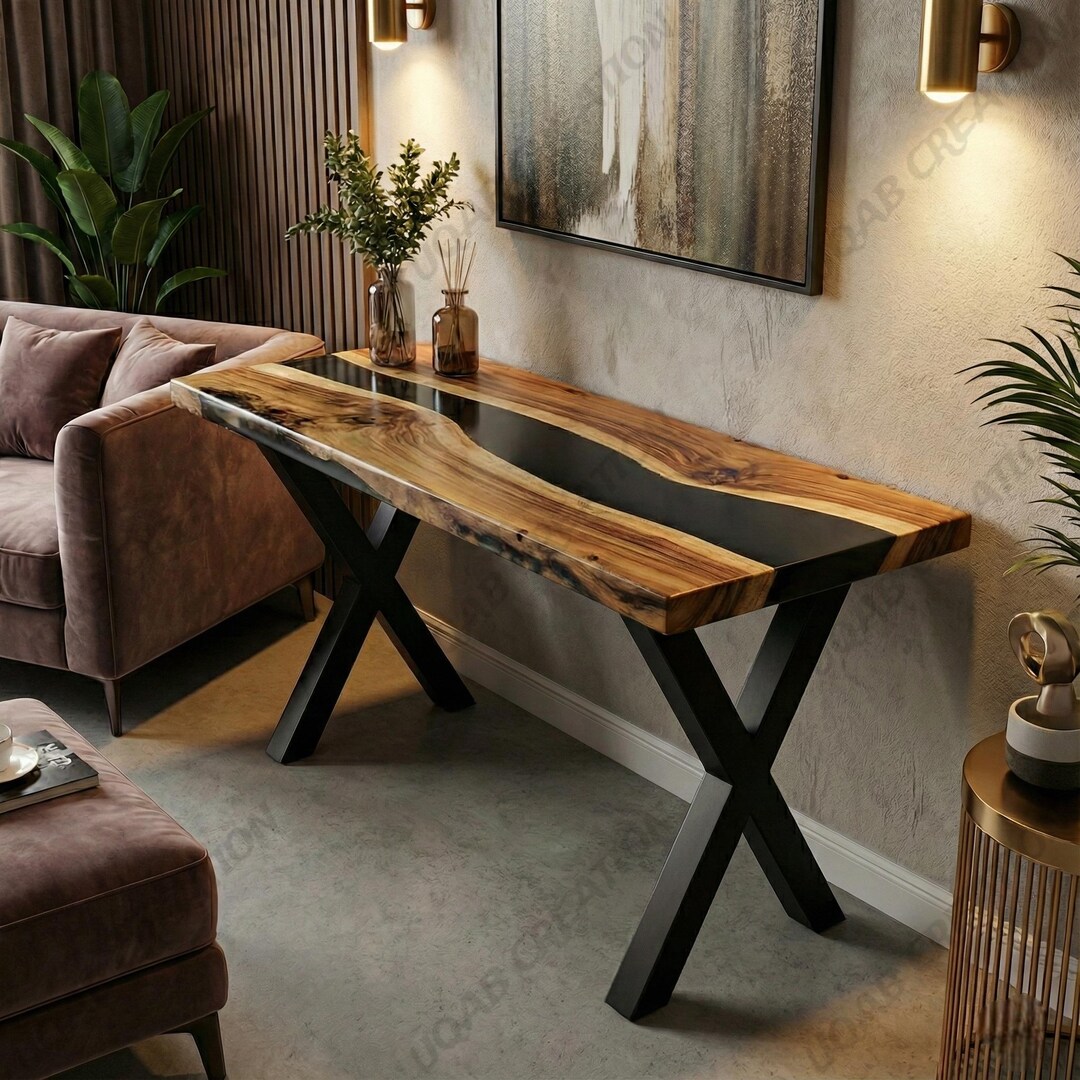 Black Epoxy Resin Console Table | Natural Wood Handmade Furniture - Etsy