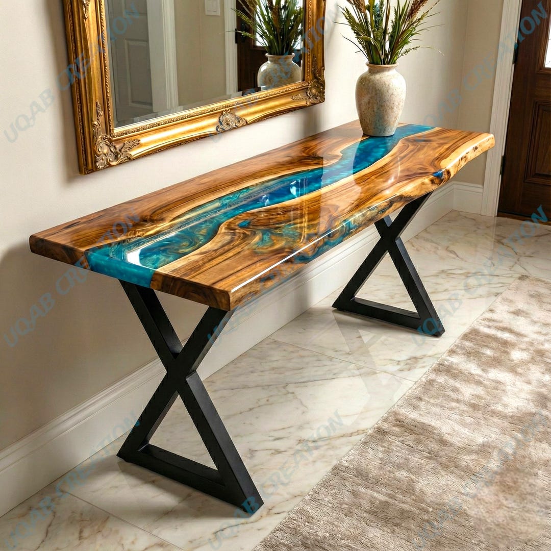 Blue Metallic Epoxy Resin Console Table | Custom Made Solid Wood ...