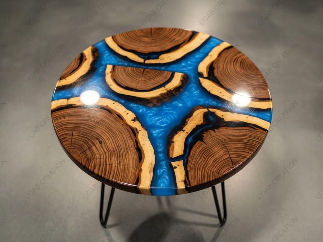 Round Blue Metallic Resin Coffee Table – Wooden Epoxy Living Room ...