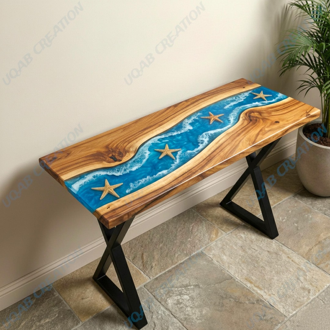 Custom Ocean Wave Epoxy Resin Console Table | Natural Solid Wood ...