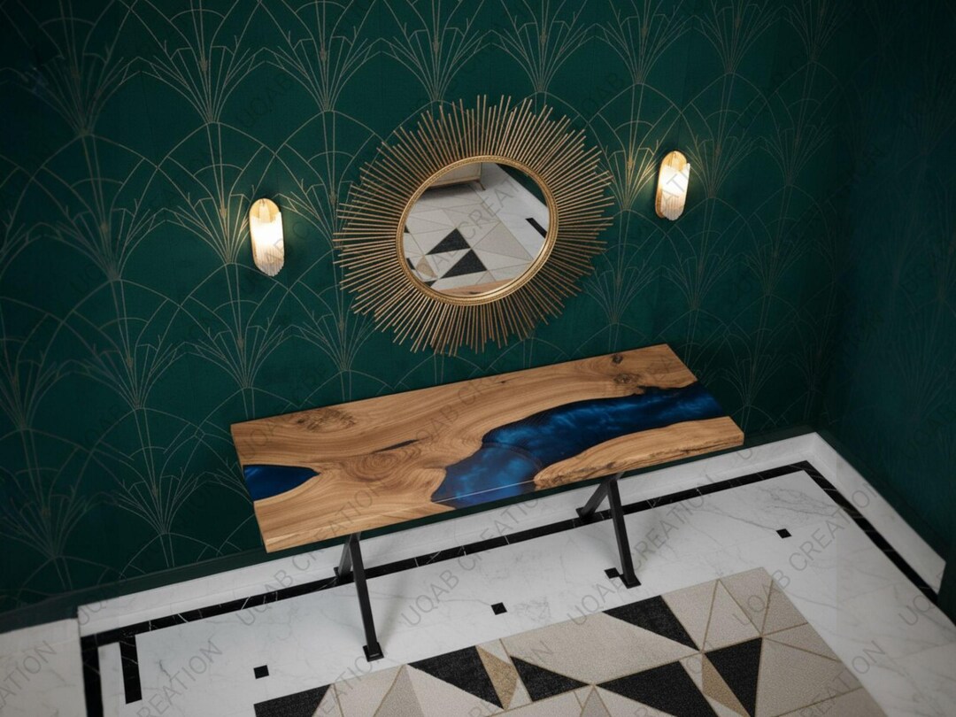 Custom Wood and Blue Metallic Resin Console Table – Modern Handmade ...