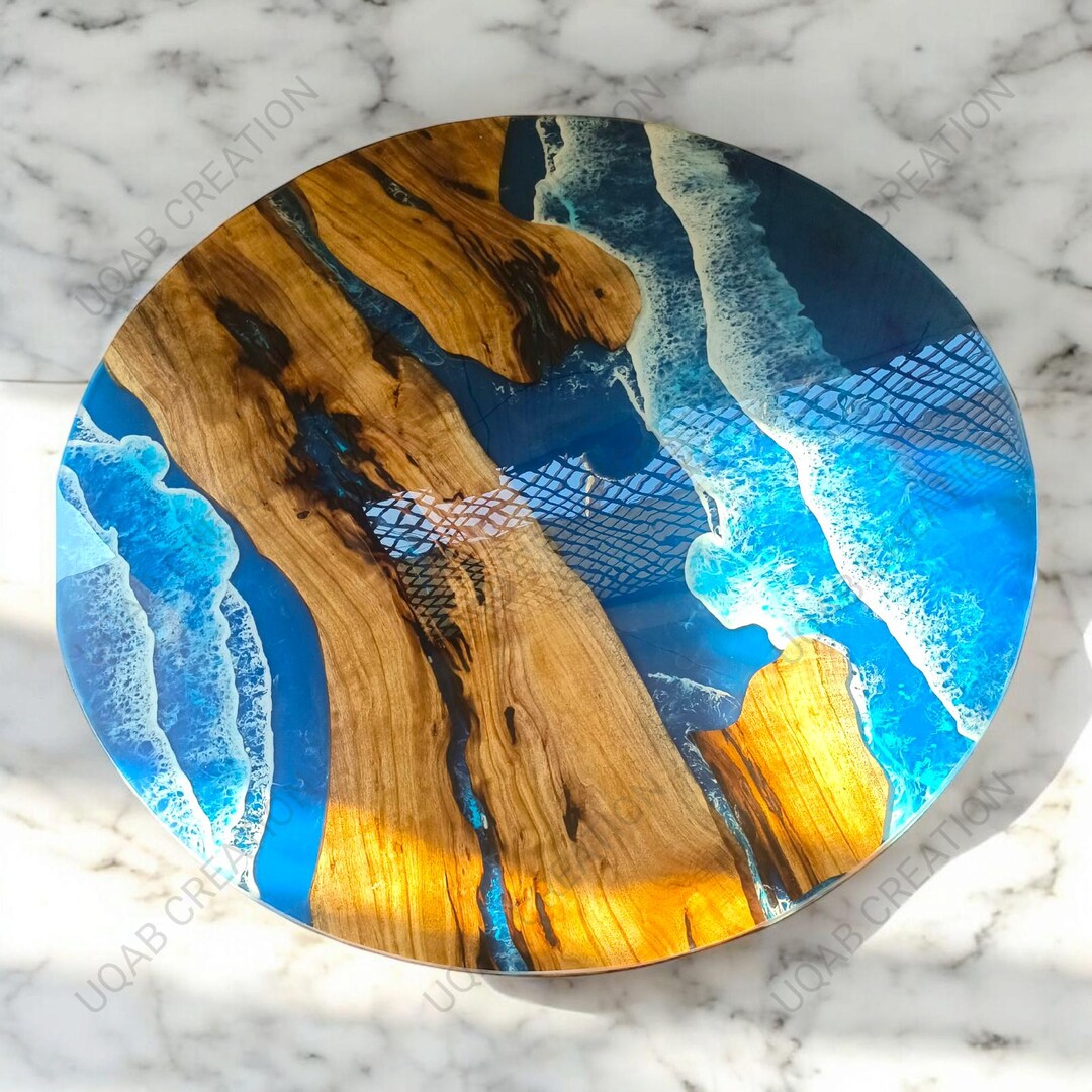 Custom-made Ocean Waves & Blue Epoxy Resin Wooden Dining Table ...