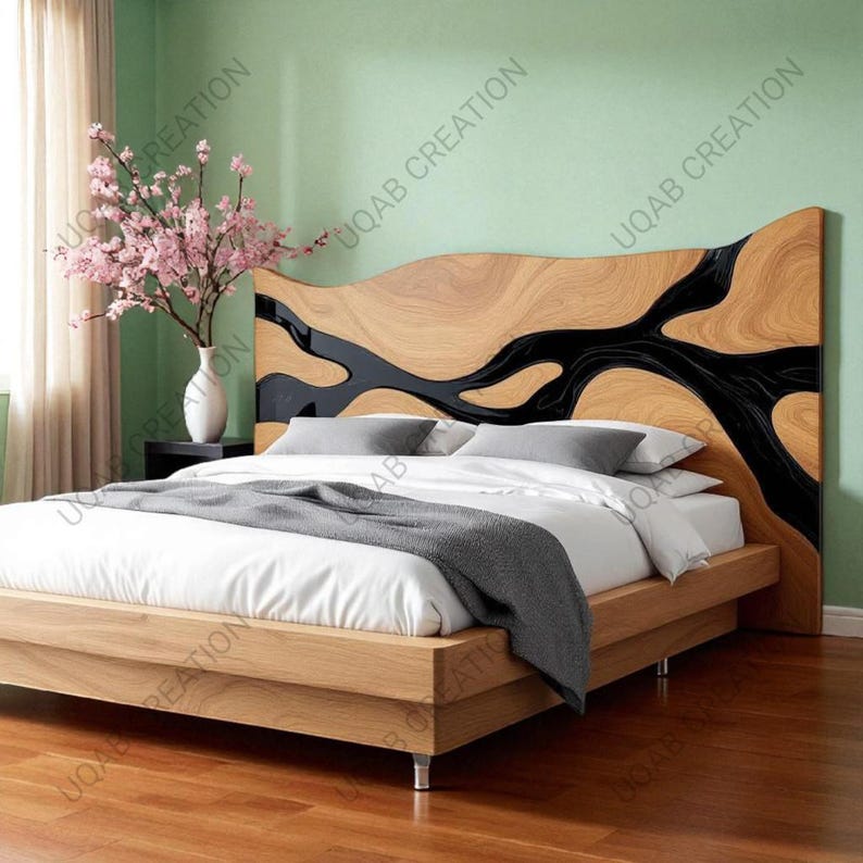 Handmade King Size Natural Wood Headboard: Black Epoxy Resin, Modern ...