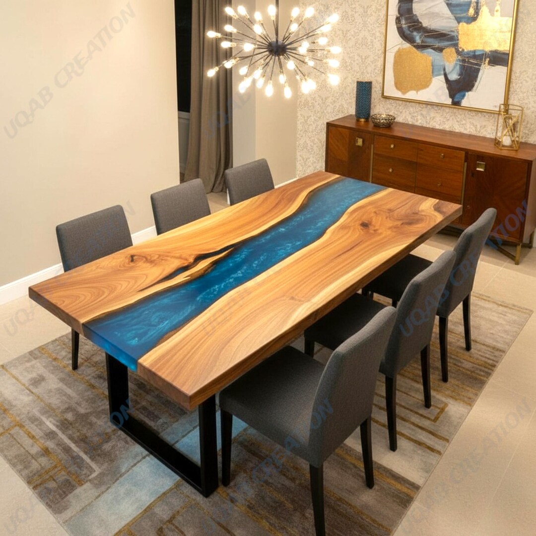 Blue Metallic Epoxy Resin Dining Table | Handmade Natural Solid Wood ...